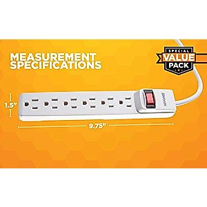 Woods 41435 Power Strip with 6 Outlets, 2.5’ Cord and Durable White Housing, 2 pack, 2-Pack