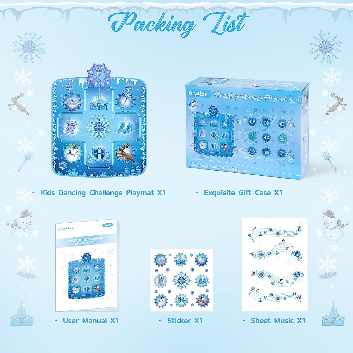 GirlsHome Dance Mat - Frozen Toys Touch Sensitive Light Up LED Kids Musical Mat, Christmas & Birthday Gift for Girls 3-12 -Snow Mat