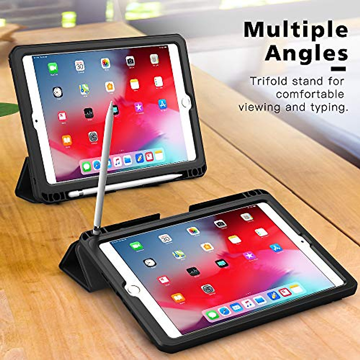 MoKo Case Fit 2018/2017 iPad 9.7 6th/5th Generation, [Built-in Screen Protector] Full-Body Shockproof Case Smart Shell Trifold Stand Cover with Auto Sleep/Wake & Pencil Holder - Black