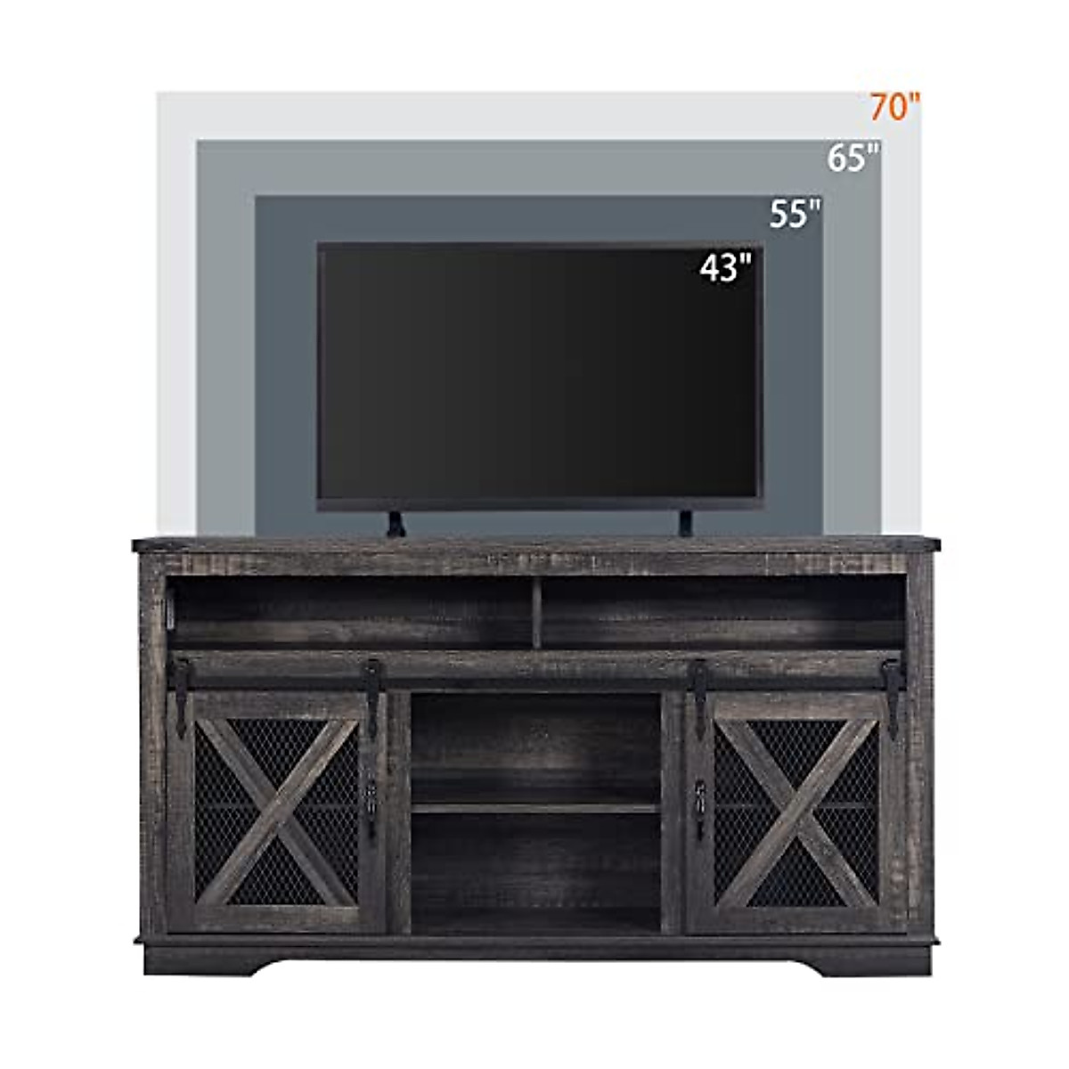 Okvnbjk TV Stand for 65+ Inch TV, Industrial & Farmhouse Entertainment Center with Sliding Barn Door, Rustic TV Console with Storage Shelves, Wood Television Stands for Living Room, Dark Oak