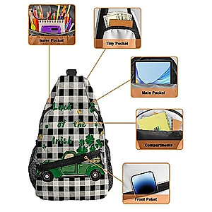 Gsypo Sling Backpack, St. Patrick's Day Lucky Of The Irish Black Buffalo Plaid Waterproof Lightweight Small Sling Bag, Travel Chest Bag Crossbody Shoulder Bag Hiking Daypack for Women Men