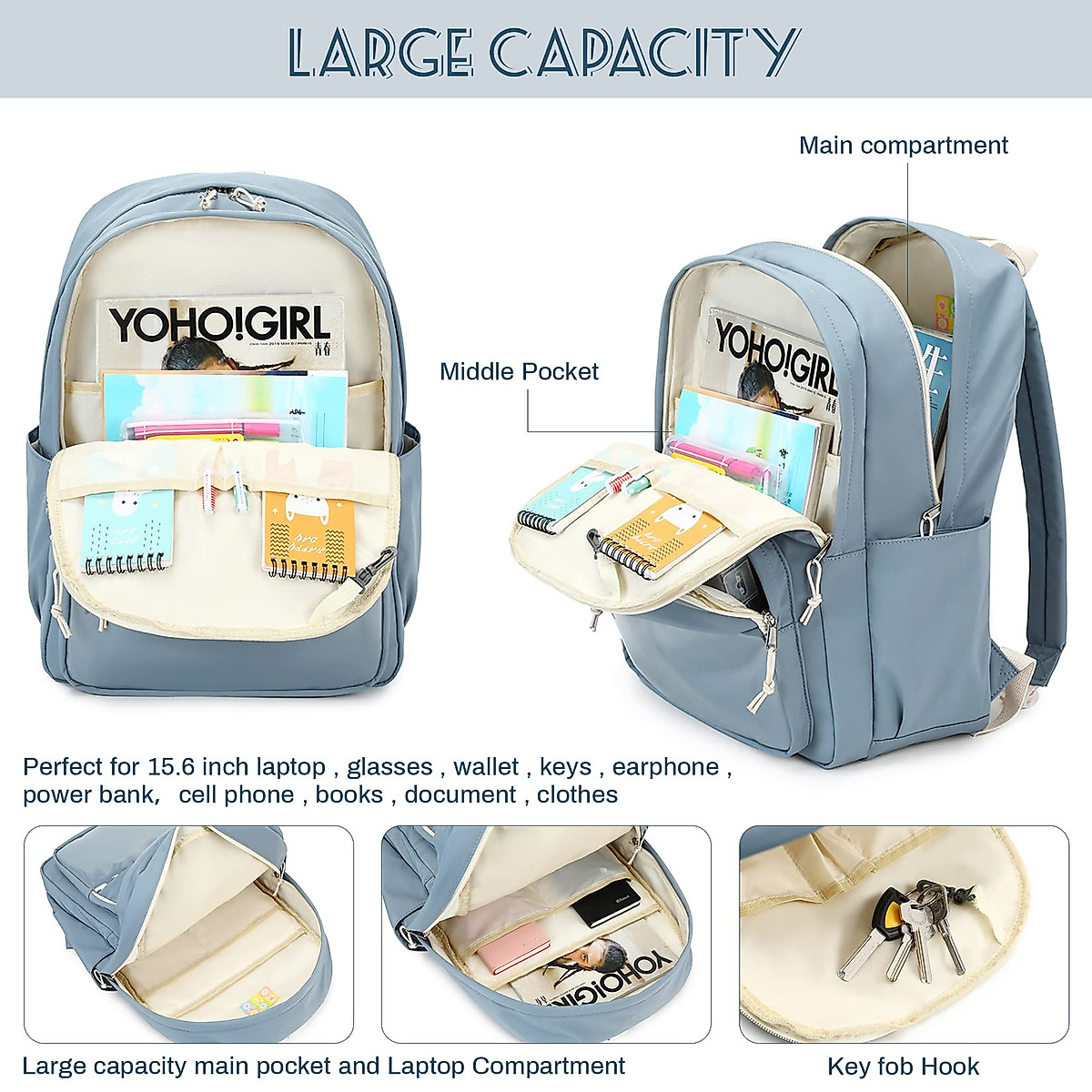 Lanola Teen Girl School Backpack Casual Hiking Daypack Bookbag Elementary College Travel Backpack with Cute Ribbon for Girls