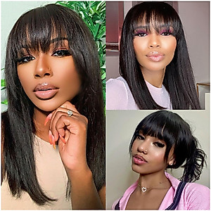 A ALIMICE Black Silky Straight Human Hair Wig with Bangs, 16 Inch, 150% Density, Glueless, 22.5 Inch Cap Size