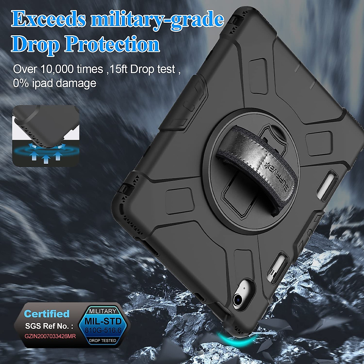 SUPFIVES Case for iPad(A16) 11th 11''2025/ 10th Generation 10.9'' 2022,Heavy Duty Silicone Case with Screen Protector/Pencil Holder/Rotating Stand/Handle/Shoulder Strap(Black)