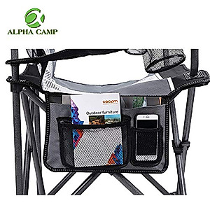 ALPHA CAMP Oversized Mesh Back Camping Folding Chair Heavy Duty Support 350 LBS Collapsible Steel Frame Quad Chair Padded Arm Chair with Cup Holder Portable for Outdoor (Black/Grey)