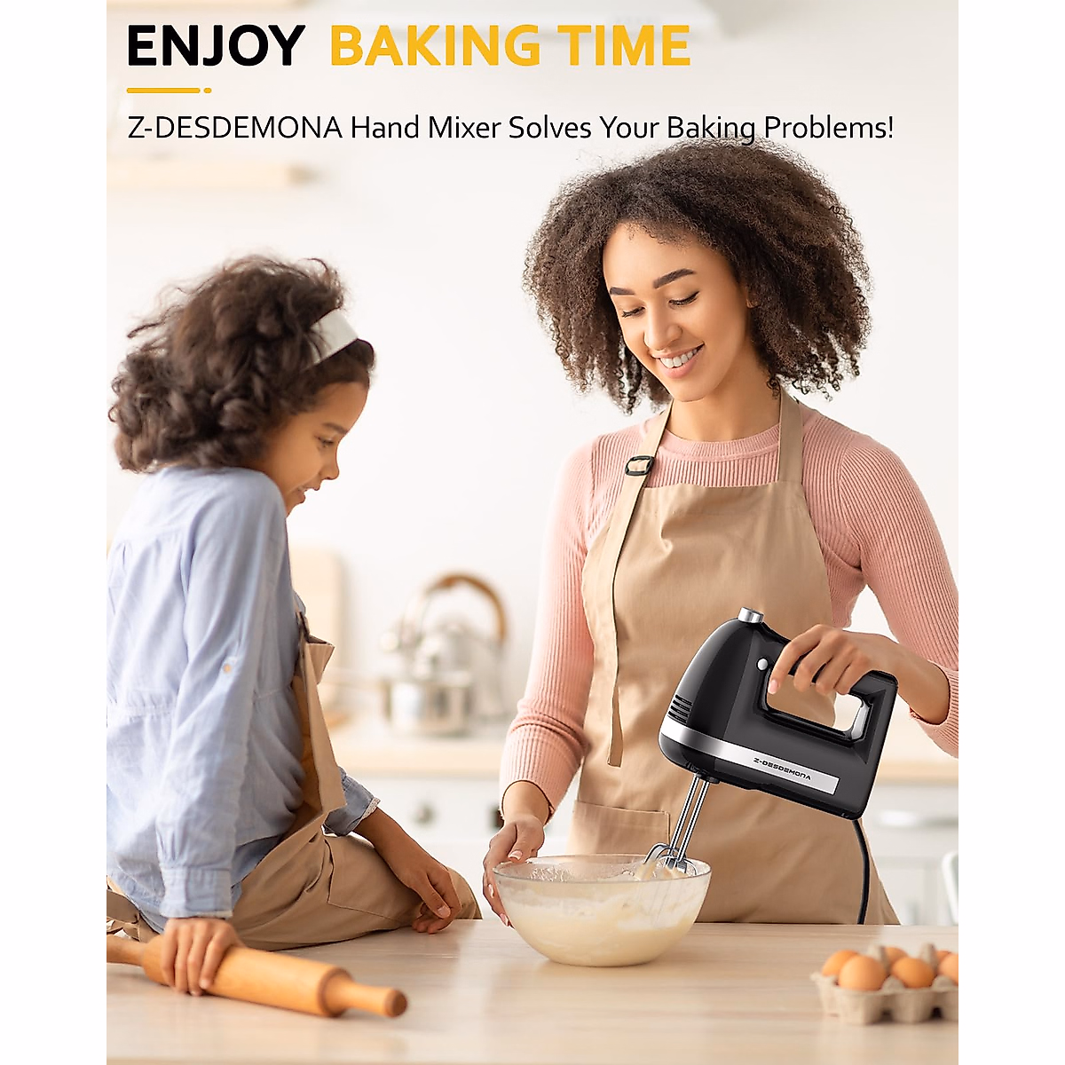 Z-DESDEMONA Electric Hand Mixer, Powerful 300W Hand Mixer Electric Handheld with 304 Beaters, Dough Hook,Hand Held Mixer with Turbo for Baking Cakes, Eggs, Cream Food(Black)