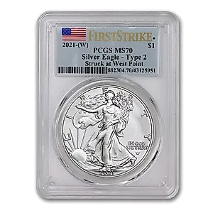 2021 (W) 1 oz Silver American Eagle MS-70 (Type 2 - First Strike - Struck at West Point Mint - Flag Label) $1 MS70 PCGS