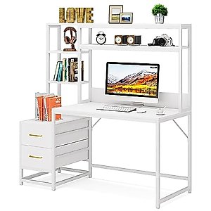 LITTLE TREE Computer Desk with Drawers and Hutch, Rustic Office Desk with Storage Shelves for Home Office