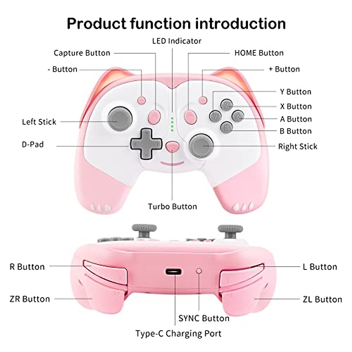 SIMGAL Wireless Controller Compatible with Nintendo Switch/Switch Lite/Switch OLED, Cute Cat Bluetooth Pro Controller with Turbo, Motion, Vibration, Wake-up, Headphone Jack and Breathing LED Light (Pink)