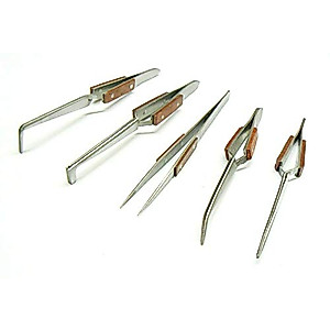 Fiber Grip Tweezers Jewelry Hobby Craft Soldering Fiber Grip Cross Locking Set Bent and Straight Tip 5 PCS By JTS