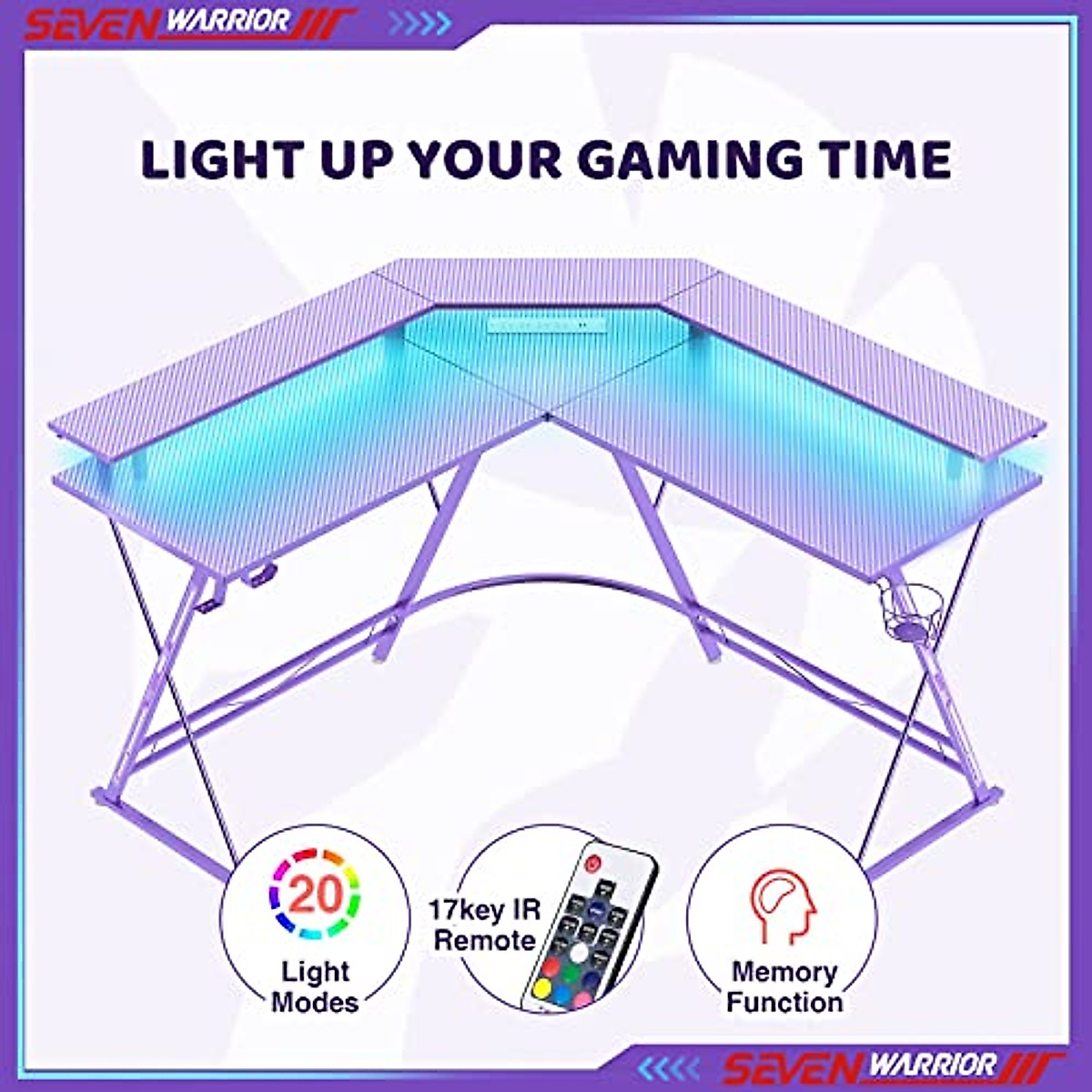 SEVEN WARRIOR Gaming Desk 50.4” with LED Light & Power Outlets, L-Shaped Gaming Desk Carbon Fiber Surface with Monitor Stand, Ergonomic Gamer Table with Cup Holder, Headphone Hook, Purple