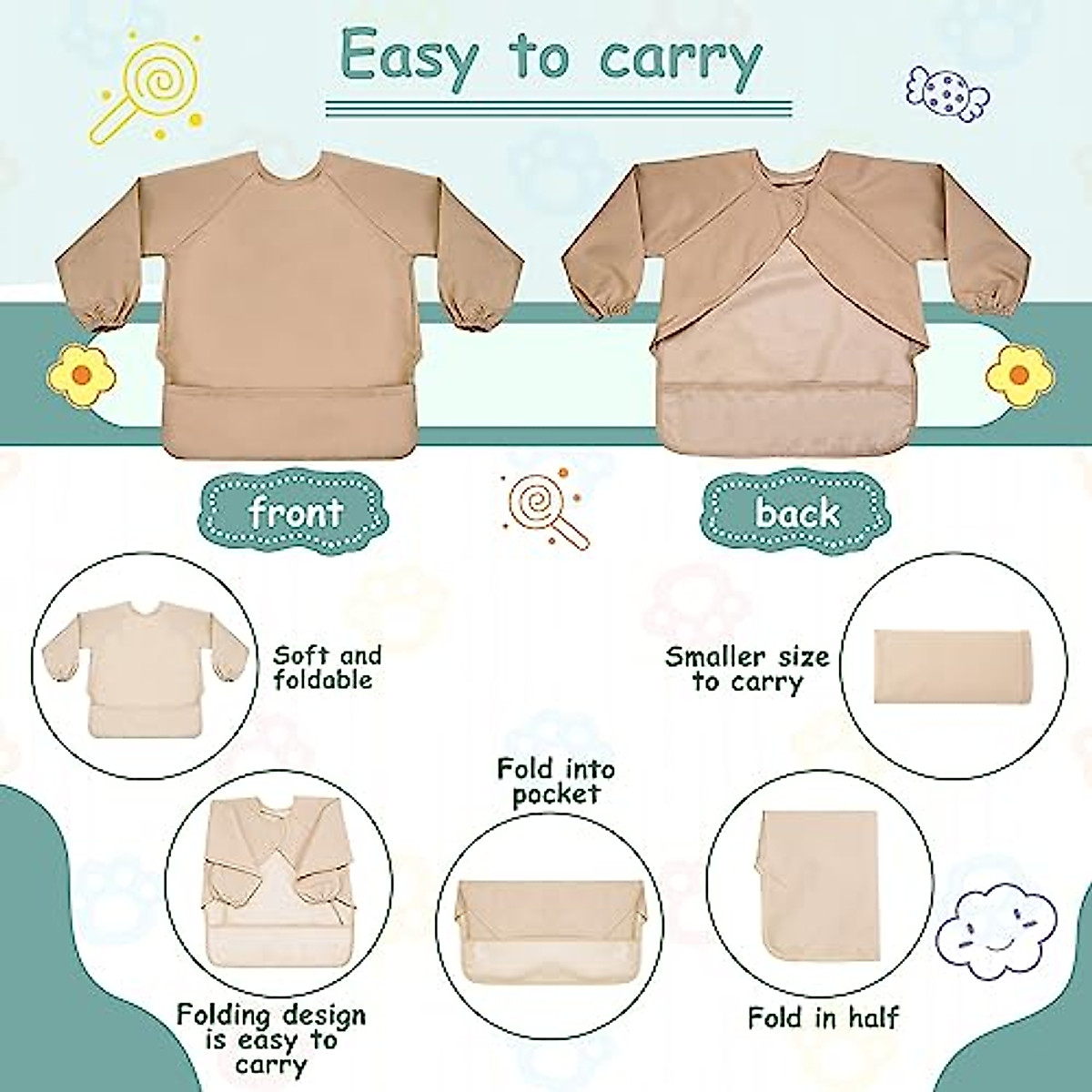 Jeyiour 6 Pack Long Sleeve Baby Bibs Mess Proof Bib Washable Feeding Bib Weaning Smock for Baby Infant Toddler (Simple Style)