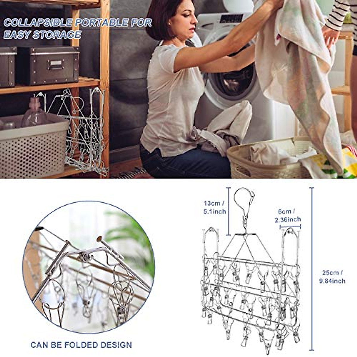 Fayleeko Clothes Drying Rack with 34 Clips, Folding Stainless Steel Drying Hanger, Baby Hangers,Clothes Hangers for Drying Socks,Drying Towels, Diapers, Bras, Baby Clothes,Underwear