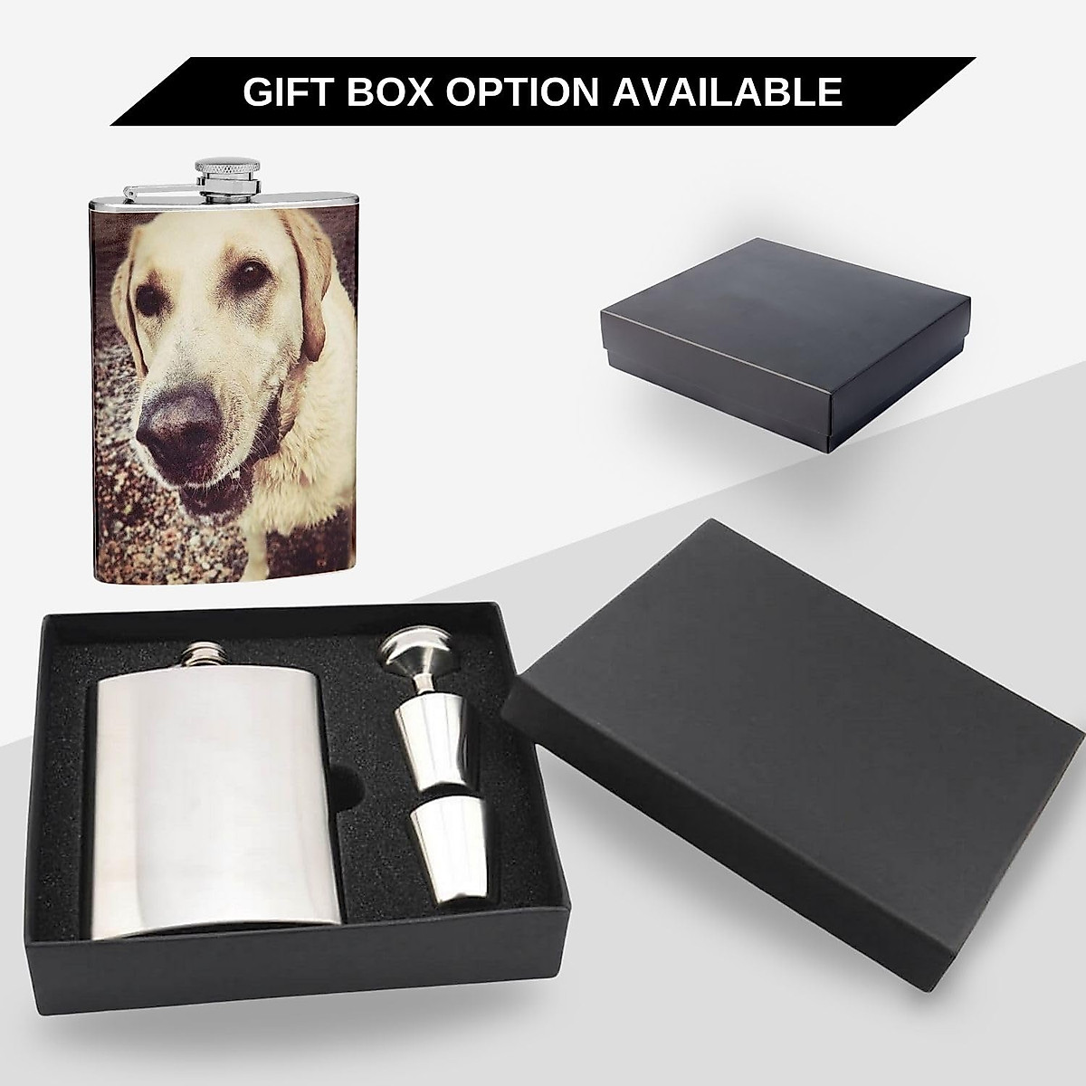 Top Shelf Stainless Steel Hip Flask Holding 8 oz | Pocket Size Leak Proof Screw-On Cap | Personalized with Pet Photo Design alcohol flask | Black Metallic Wrapped Vinyl Finish
