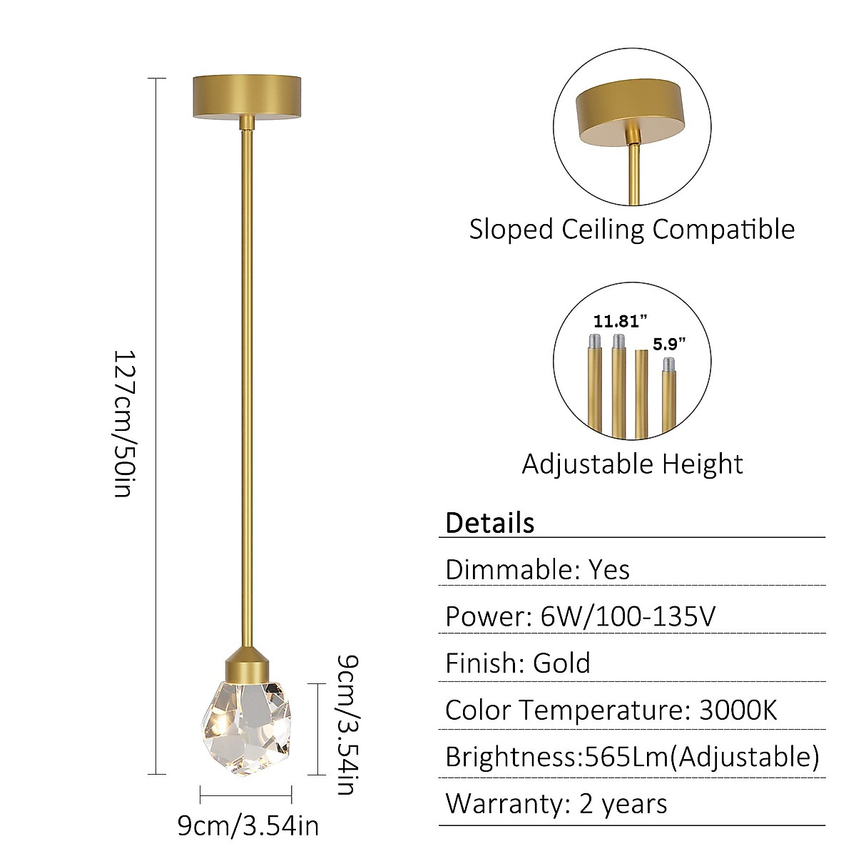 Crystal Pendant Light Gold Finish 1-Light Modern Crystal Pendant Light Brushed Brass Mini Hanging Pendant Light Dimmable Integrated LED Pendant Light Fixture with Crystal Glass Single Pendant Light