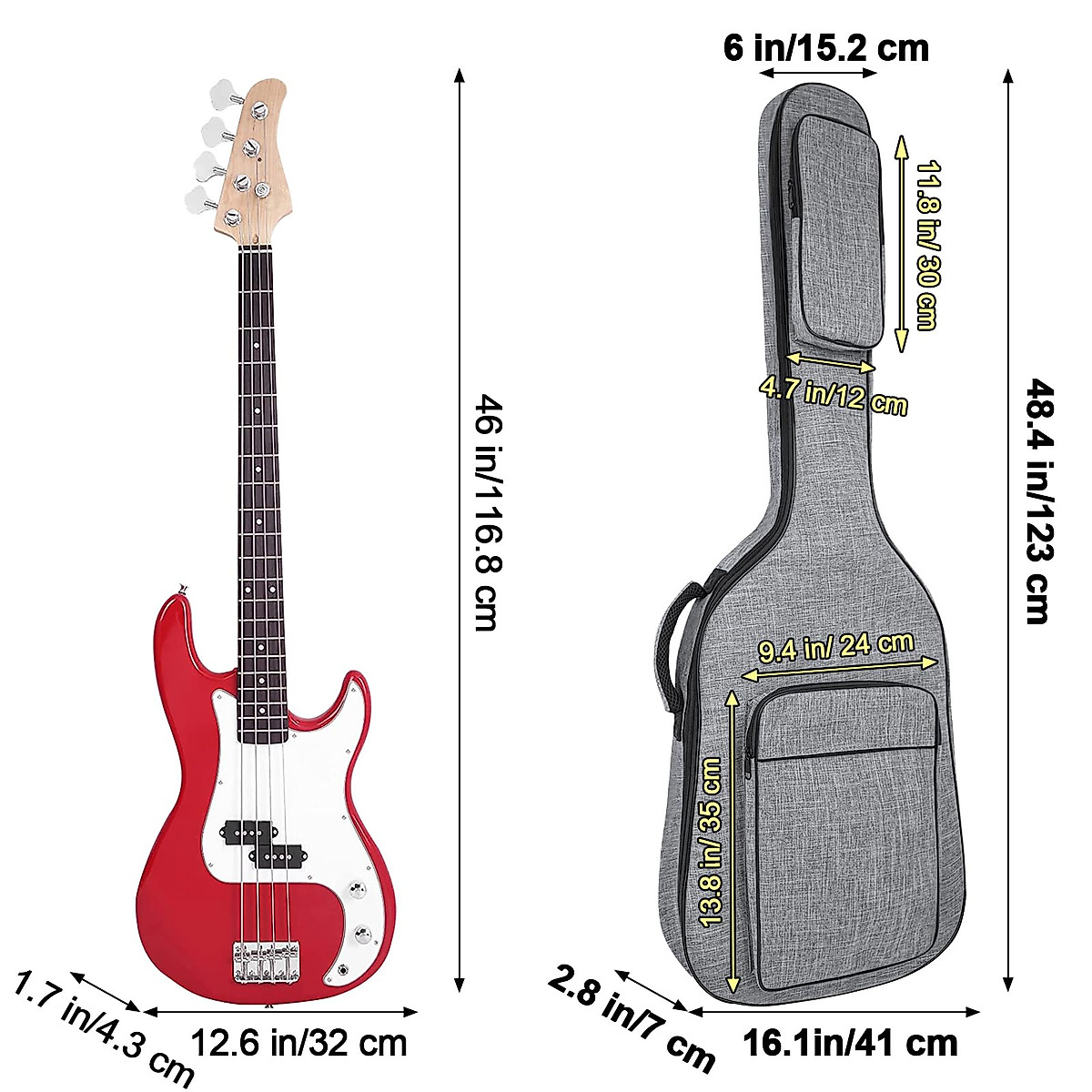 MUZTOP Bass Guitar Bag, 7MM Padding Bass Guitar Gig Bag Padded Soft Electric Bass Guitar Case Backpack with Pockets, Grey