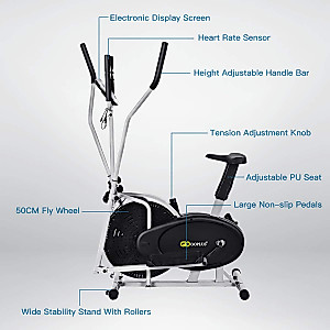 Nightcore 2 in 1 Elliptical Fan Bike Dual Cross Trainer Machine, Workout Exercise Bike with Electronic Display Screen Adjustable Seat & Two Pairs of Armrests for Indoor Home Office Gym Use, Black