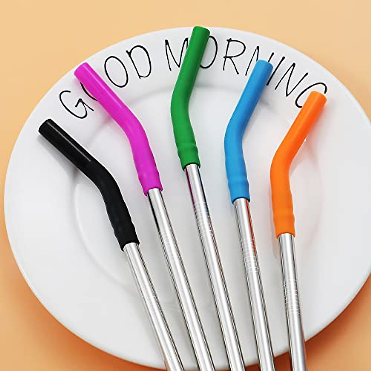 5 PCS Metal Straws with Silicone Tip, 8mm Wide Smoothie Straws, Reusable Stainless Steel Straws with 2 Cleaning Brushes,1 Portable Bag (Silver)