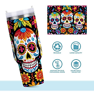 ALAZA Sugar Skull Day Of Dead 40 oz Tumbler Stainless Steel Water Bottle Vacuum Insulated Cup with Straw Lid & Handle For Travel Car Cup Holder