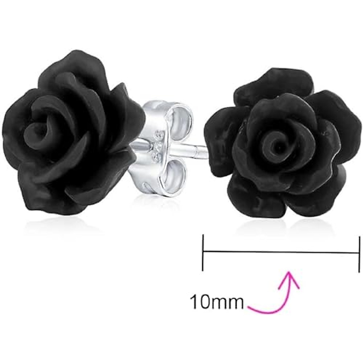XChuyinie Tiny Floral Earrings 3D Carved Rose Flower Stud Earrings For Women Resin Silver Plated Brass 10mm(Multiple Colors Available)(Black)