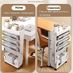 XIYAO 5 Tier Book Rack Storage Bookshelf,Plastic Removable Rolling Utility Cart Multi-Functional Movable Storage Book Shelves with Lockable Casters for Students Study Office Classroom,White