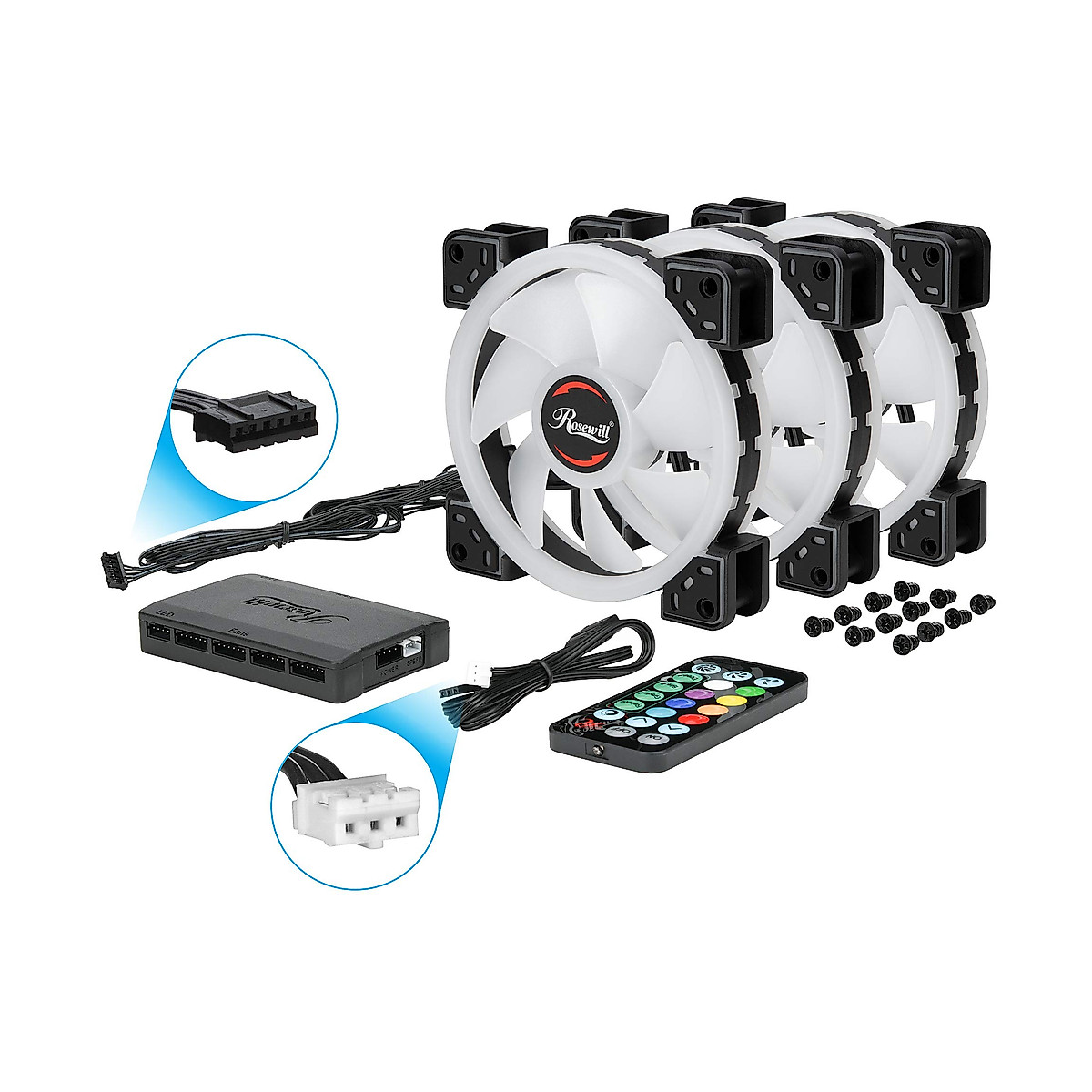 Rosewill 120mm True RGB LED Case Fans (3-Pack) and 8-Port Fan Hub, Ultra Quiet Cooling with Long Life Rifle Bearings - Rosewill RGBF-S12003 Supreme Dual Ring Addressable RGB Case Fan Hub Set
