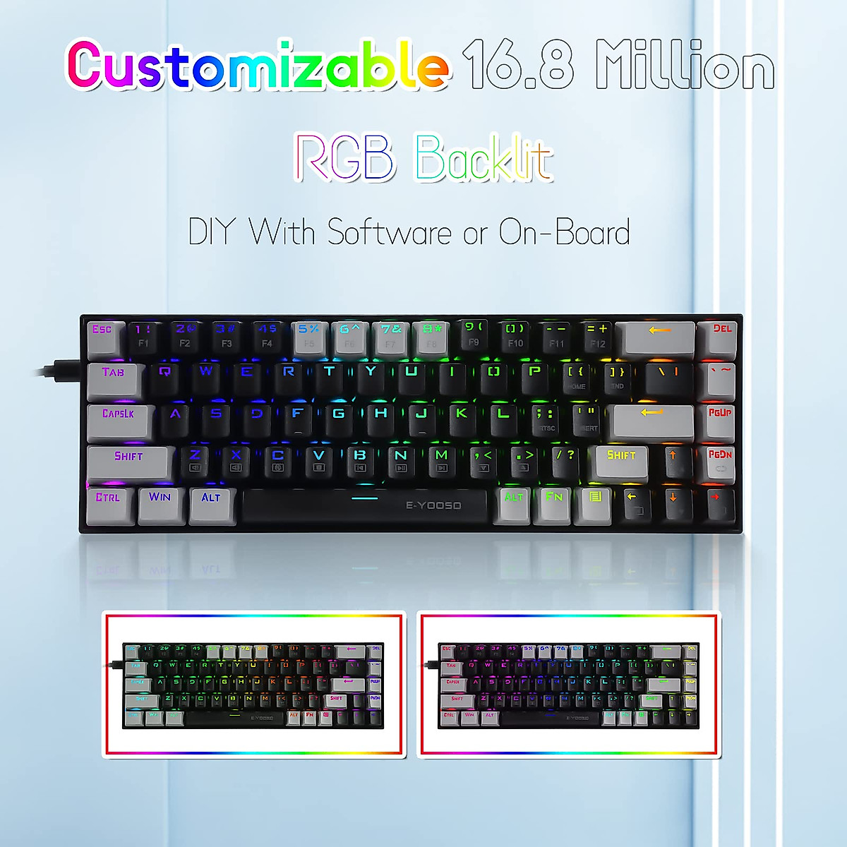 HUO JI 65% RGB Gaming Keyboard, E-YOOSO Z-686 Wired 68 Keys Mechanical Keyboard, Clicky Blue Switches, Pro Software Supported, Detachable USB-C Cable, Separate Arrow Keys - Black/Grey