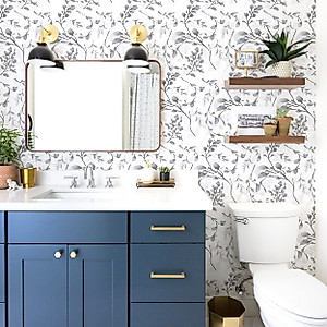 Orainege Gray Floral Wallpaper Peel and Stick Wallpaper Self Adhesive Floral Contact Paper Waterproof 17.7 inch×118.1inch Removable Wallpaper for Bedroom Bathroom Cabinets Decor