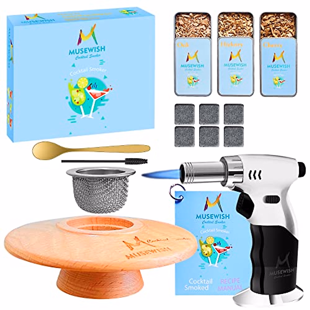 Cocktail Smoker Kit With Torch, 3 Flavors Wood Chips-Bourbon Whiskey Smoker Infuser Kit Old Fashioned Drink Smoker Kit for Cheese,Salad and Meats. Birthday Gifts for Men, Dad, Husband (Without Butane)