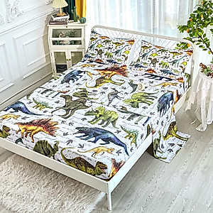 BailiPromise Dinosaur 4 Piece Kids Sheets Queen Size,Jurassic Dinosaur Bedding Sheet Set,Boys Printed Flat Sheet Fitted Sheet with 16" Deep Pocket,100% Microfiber Ultra Soft and Skin Friendly