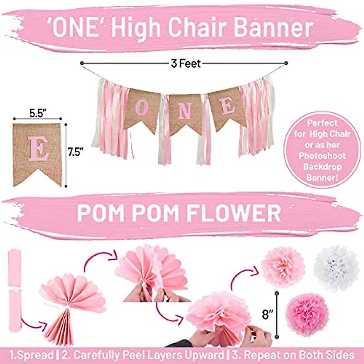 1st Birthday Girl Decorations WITH Birthday Crown- Baby First Birthday Decorations Girl - Pink and Gold Party Supplies - One Balloon, Heart and Confetti Balloons, Happy Birthday Banner ONE Cake Topper