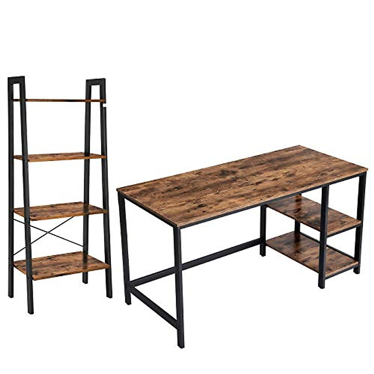 VASAGLE Computer Desk and 4-Tier Storage Shelf Bundle, 55 Inch Writing Desk with 2 Storage Shelves, Ladder Shelf with X-Bar, Steel Frame, Rustic Brown and Black ULWD55X and ULLS44X