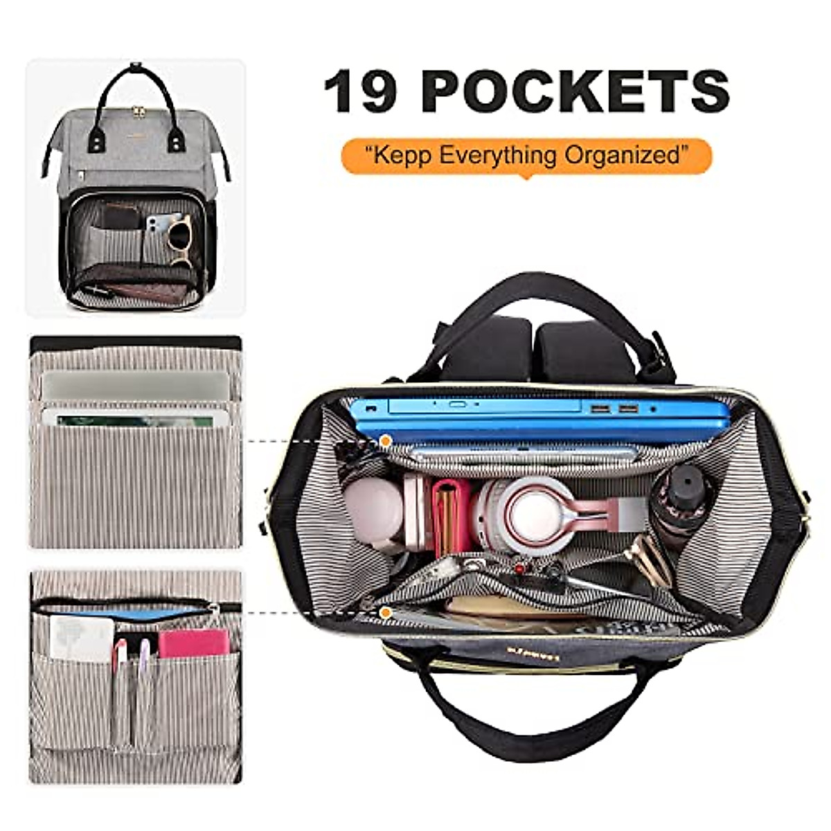 LOVEVOOK Laptop Backpack for Women Fashion Business Computer Backpacks Travel Bags Purse Doctor Nurse Work Backpack with USB Port, Fits 15.6-Inch Laptop Grey Black