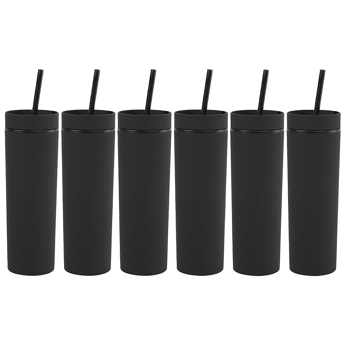 momocici Skinny Tumblers Bulk.16oz Matte Pastel Colored Skinny Tumblers with Lids and Straws.Double Walled Plastic Acrylic Smoothie Tea Iced Coffee Tumbler Cups.Slim Black Tumbler Set.(Black)