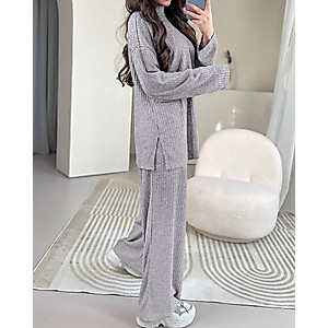 KIRUNDO Track Suits For Women Set Lounge Set Casual Long Sleeve Knitted Tops Long Pants Sweat Set Trendy Fall Clothes Casual Outfits(Grey, Small)