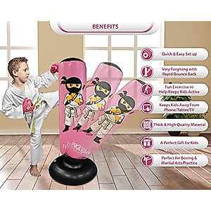 Pink Inflatable Punching Bag for Kids Complete with Boxing Gloves and Pump. for immediate Bounce Back for Practicing Mixed Martial Arts, Boxing, Taekwondo, Karate. Perfect Toy for Girls 4-12