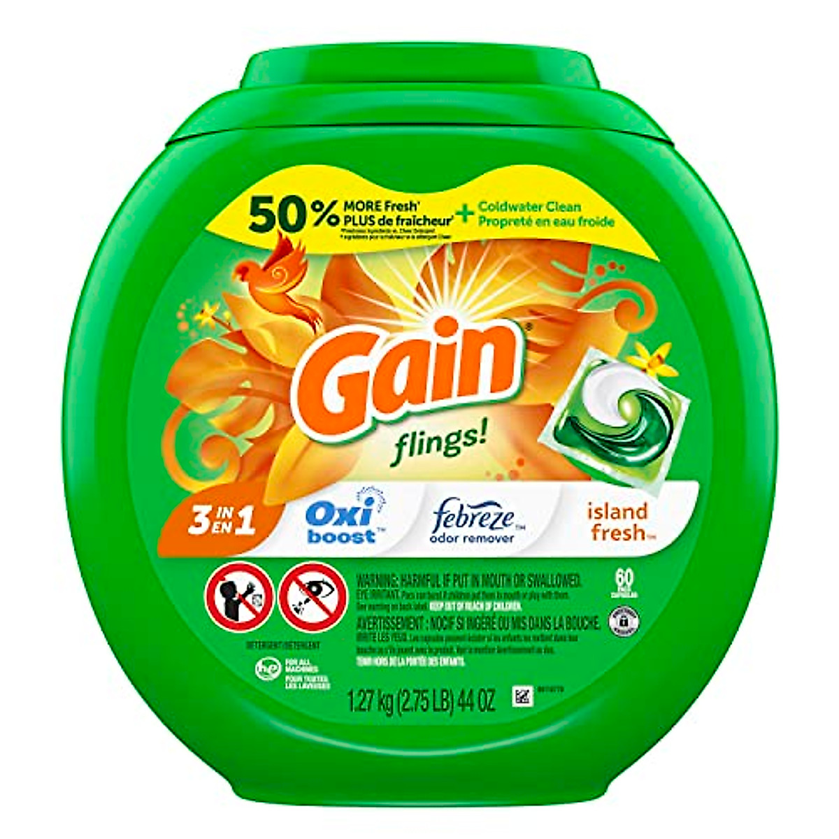 Gain flings! Laundry Detergent Soap Pacs HE Compatible 60 ct Long Lasting Scent Island Fresh