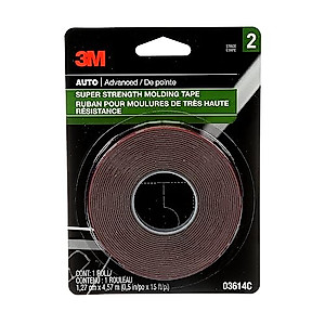 3M Super-Strength Molding Tape, 1/2 in x 15 ft, High Strength Double-Sided Adhesive, Permanently Attaches Side Moldings, Trim and Emblems to Interior and Exterior of Vehicles (03614)