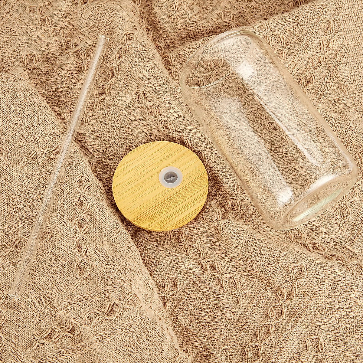 ABuff 8 Pcs Can Shaped Glass Cups with Lids and Straws 16 Oz Beer Can Glass cups Iced coffee cups with Bamboo lids and straws, Mason Glass Tumbler for Soda Smoothie Boba Cocktail - with 2 Brushes