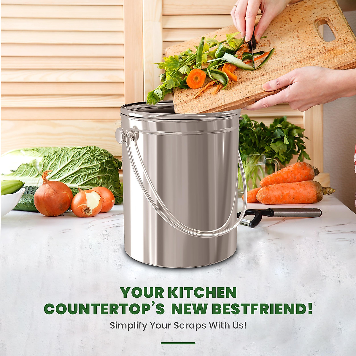 Utopia Kitchen Compost Bin for Kitchen Countertop - 1.3 Gallon Compost Bucket for Kitchen with Lid - Includes 1 Spare Charcoal Filter (Silver)