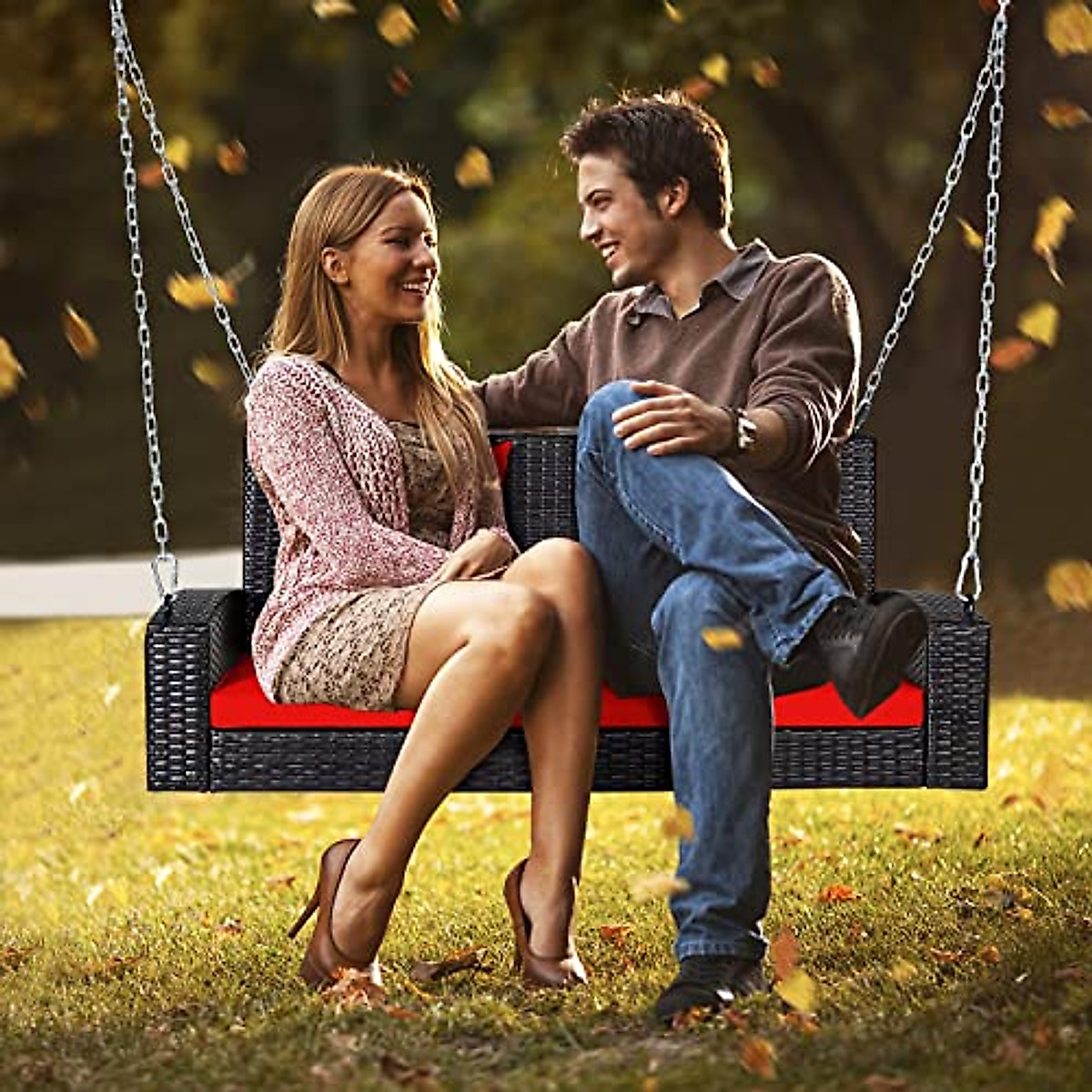 Happygrill 2-Person Porch Swing Bench Outdoor Patio Rattan Swing Chair with Soft Cushions, 7.9ft Reinforced Steel Chain, Solid Steel Frame, Perfect for Backyard, Poolside, Front Porch