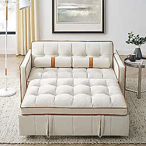 JEEOHEY Sleeper Sofa Couch w/Pull Out Bed, 55.5" New Upgraded Tufted Velvet Convertible Sleeper Sofa Bed, Small Love seat Sofa Bed w/ 2 Pillows for Small Space, Living Room, Apartment, Beige