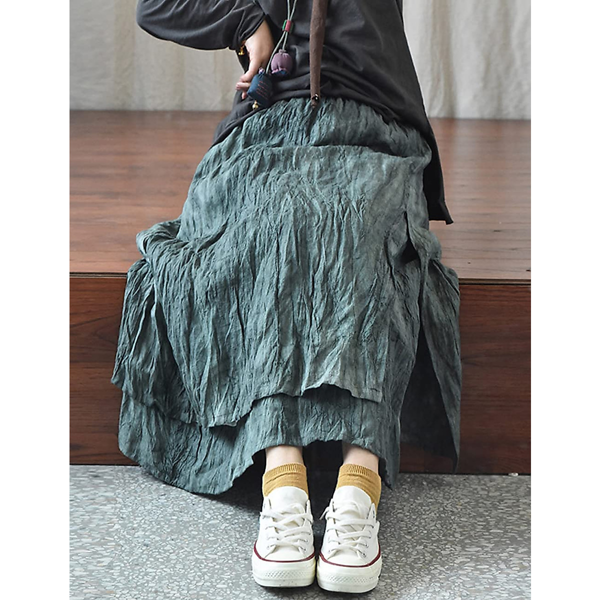 NFYM Women's Cotton Linen Skirts Textured Casual Layered Elastic Waistband Slit Mid-Calf Skirt with Pockets (as1, Alpha, one_Size, Regular, Regular, Dark Green)