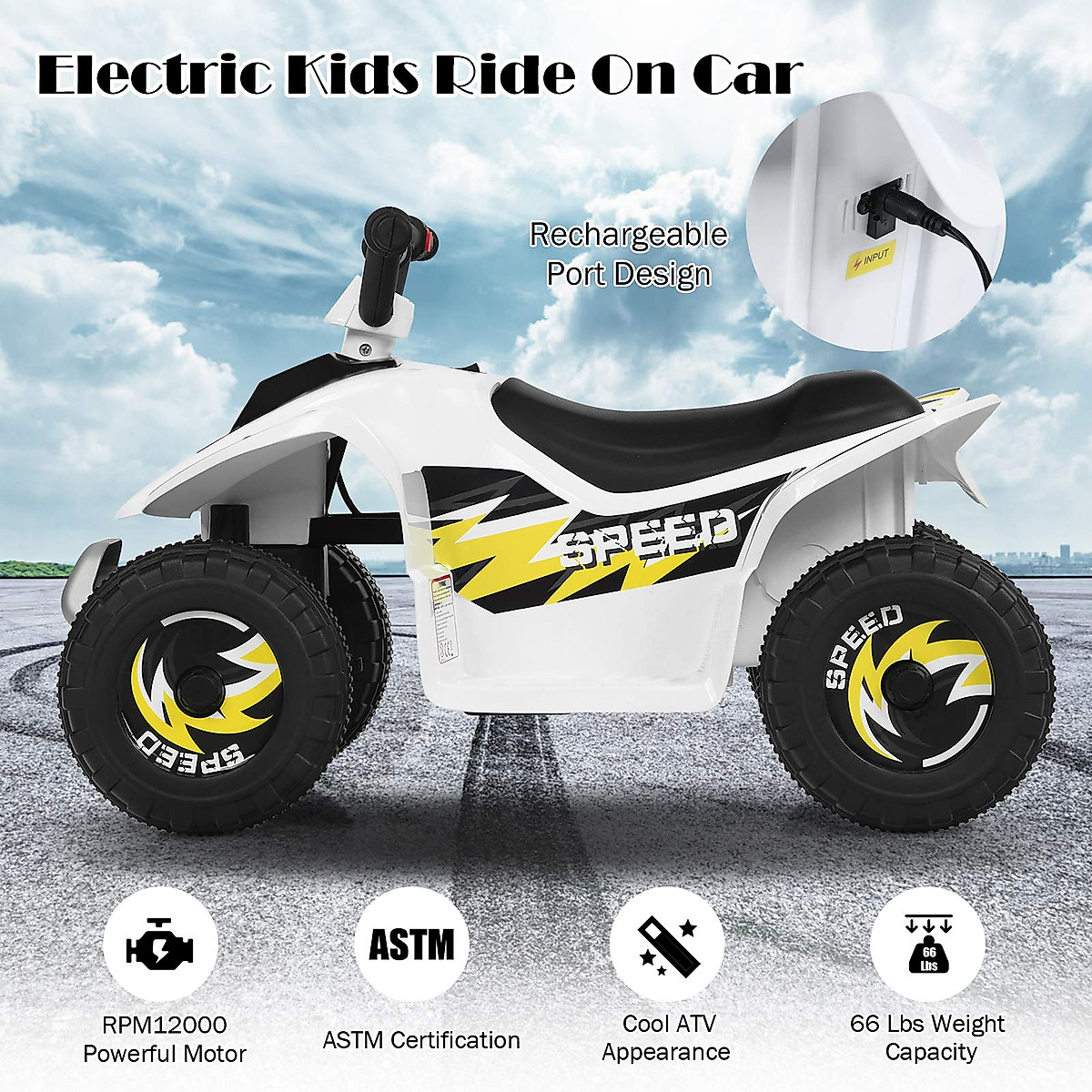 OLAKIDS Kids Ride On ATV, 6V Motorized Quad Toy Car for Toddlers, 4 Wheeler Battery Powered Electric Vehicle for Boys Girls with Forward/Reverse Switch, Anti-Slip Wheels (White)