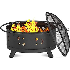 LEAYAN Garden Fire Pit Grill Bowl Grill Barbecue Rack Round Outdoor Fire Pit, Large Wood Burning Fire Pit w/Spark Screen, Wrought Iron Bonfire Fire Pit for Party, BBQ, Heating, Patio, Garden