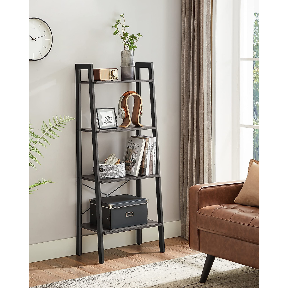 VASAGLE Ladder Shelf, 4-Tier Bookshelf, Storage Rack, Bookcase with Steel Frame, for Living Room, Home Office, Kitchen, Bedroom, Industrial Style, Charcoal Gray and Black ULLS044B04