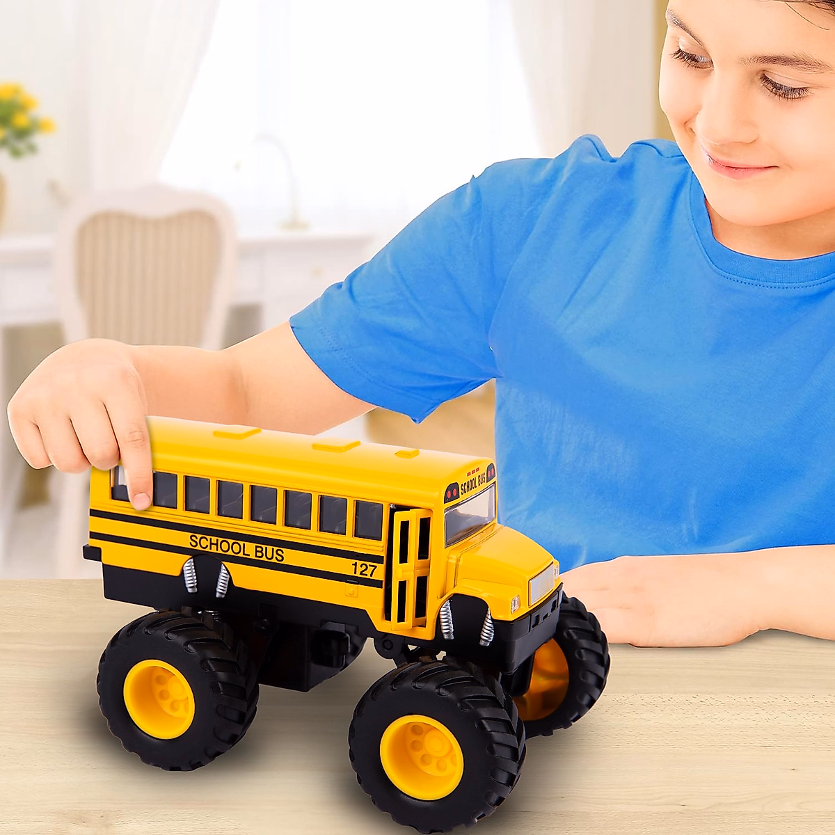 ArtCreativity 5 Inch Pull Back School Bus Toy Set - Set of 2 - Includes 5 Inch Monster-Wheel Bus, Diecast Bus Playset with Pull Back Mechanism, Great Gift Idea for Kids