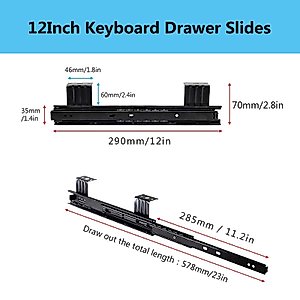 2 Pcs Heavy Duty Ball Bearing Slides Under Desk Keyboard Tray Runners 12inch - with Screws - Hanging Mount, 3-Sections Extension Rails Computer Slides Keyboard Drawer Slides (Black 290mm(12inch))