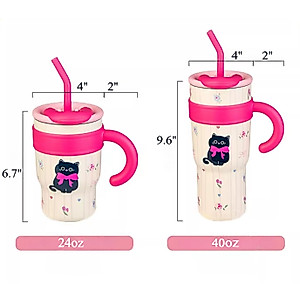 24/40 Oz Cute Dog/Cat Stainless Steel Vacuum Insulated Tumbler with Lid Straw Handle, Cartoon Aesthetic Keep Hot/Iced Spill Proof Coffee Travel Mug (Pink,41 Oz)