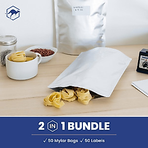 50x Wallaby 2-Quart Gusset Mylar Bag Bundle - (7 Mil - 8" x 12") Stand-Up Zipper Pouches + 50x Labels - Heat Sealable, Food Safe, & Reliable Long Term-Food Storage Solutions - Silver